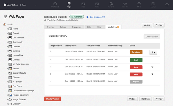 Send Bulletins for Website Pages – OpenCities